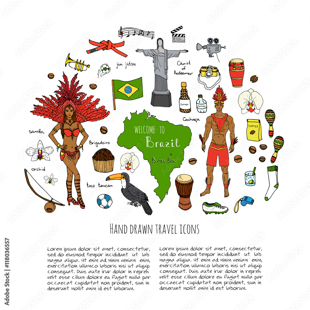 Hand drawn doodle Welcome to Brazil set Vector illustration Sketchy ...
