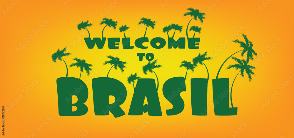 Welcome to brasil card with palm trees over orange background, in ...