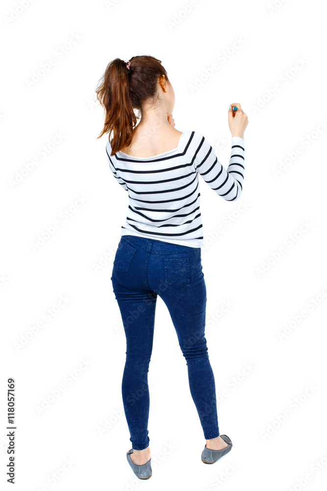 back view of writing beautiful woman. Rear view people collection ...