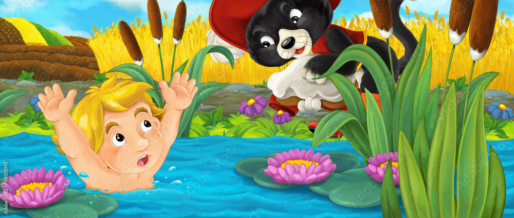 Cartoon happy scene with cat helping young boy getting out of water ...