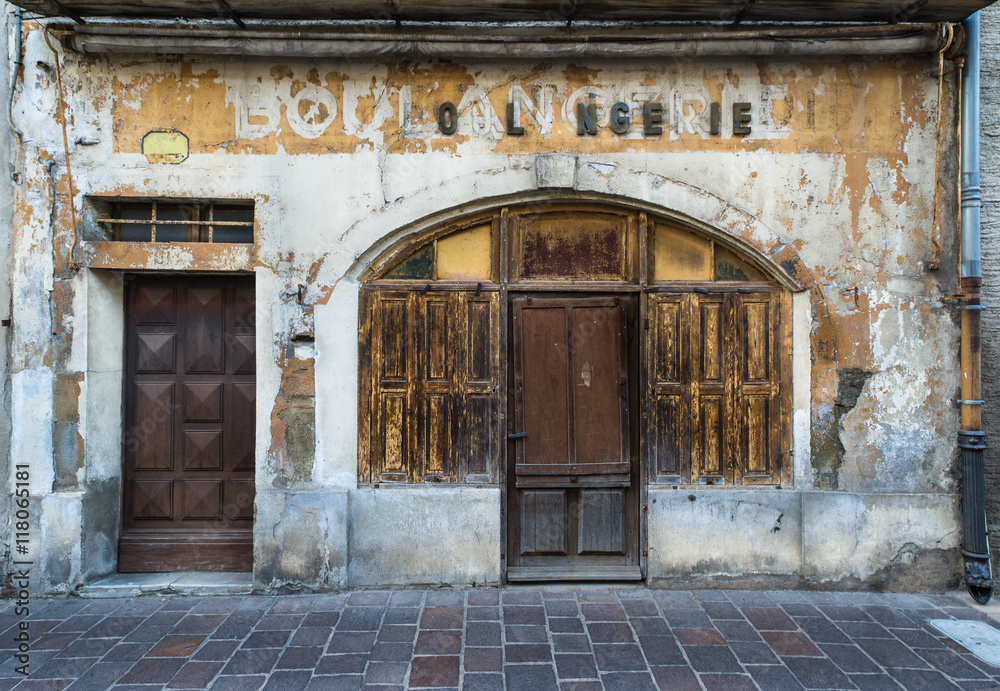 Old closed and abandoned boulangerie bakery facade in rural France ...