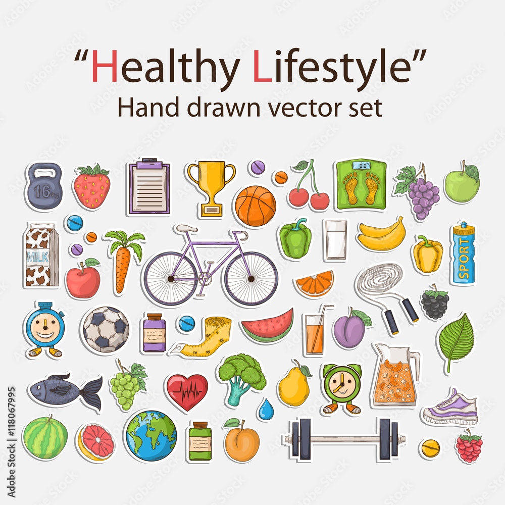 Vector Healthy lifestyle sticker set with shadow in doodle style.Sport ...