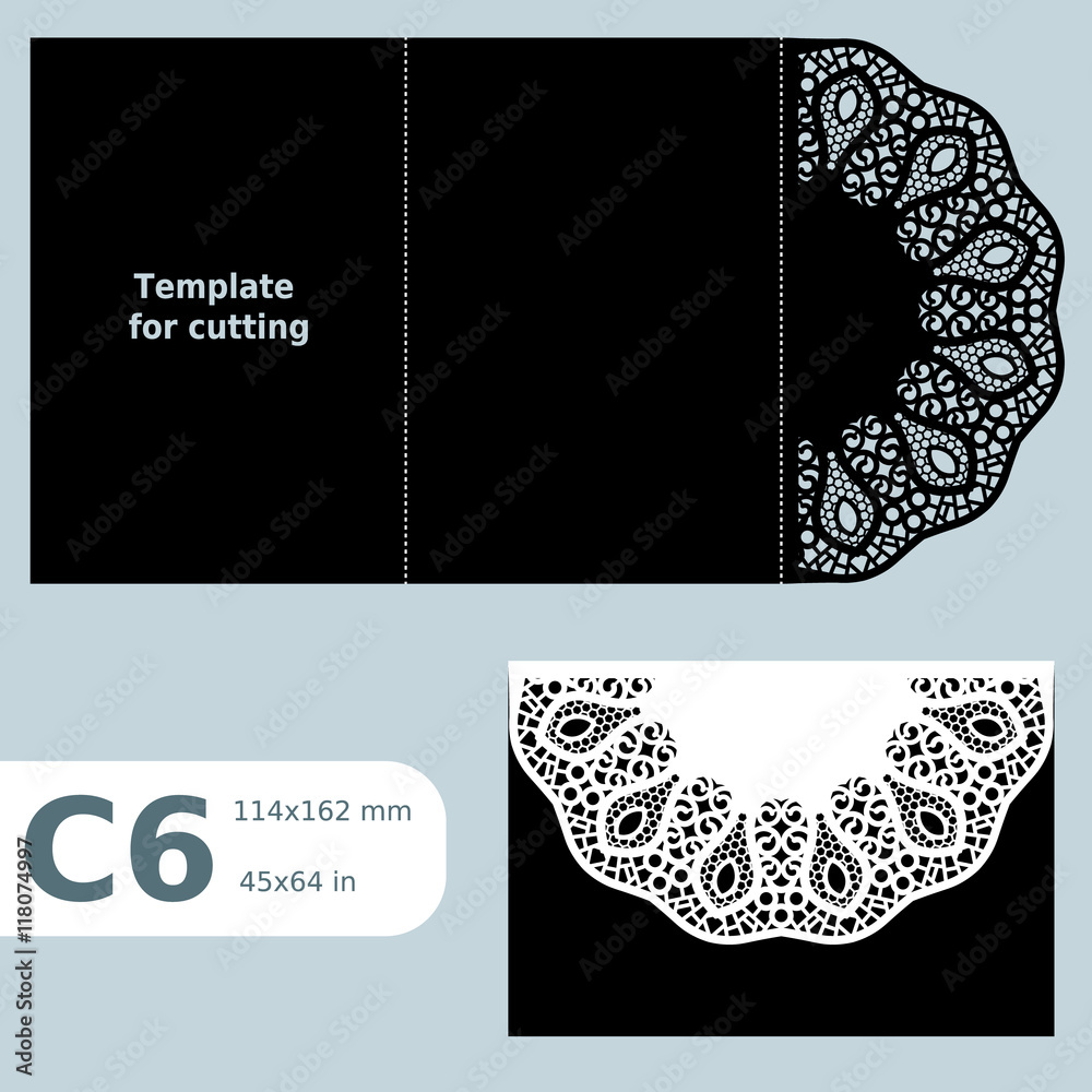 C6 paper openwork greeting card, template for cutting, lace invitation, card with fold lines ...