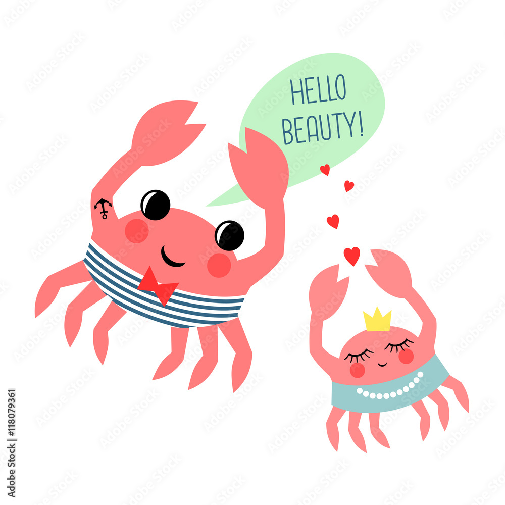 Hello beauty card with cute cartoon sailor crab and crab girl on white ...