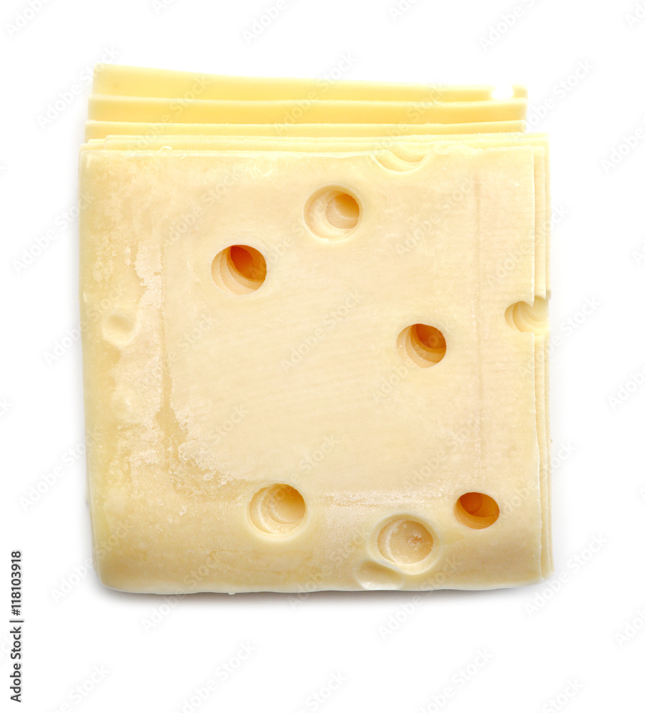 Slice of Swiss cheese close up, isolated on white background Stock ...