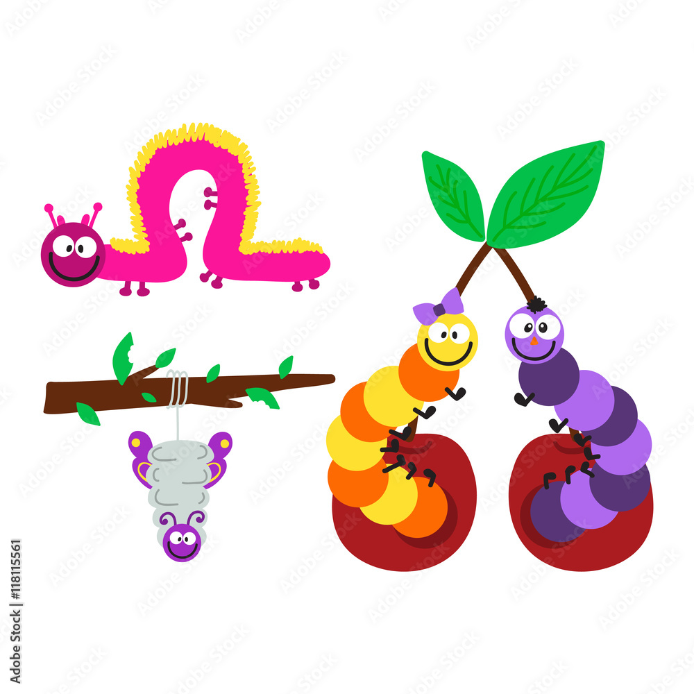 Cute hand drawn crawling caterpillar tree insect element funny little ...