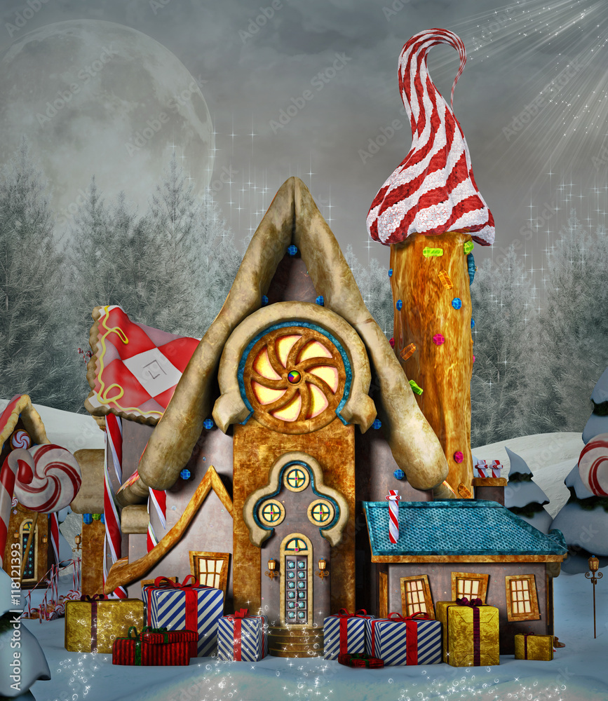 Gingerbread house in a snowy enchanted scenery Stock Illustration ...