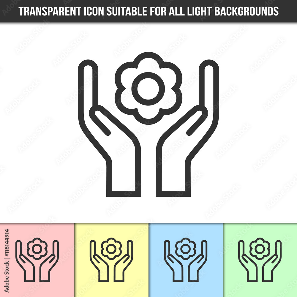 Simple outline transparent caring hands with flower icon on different ...