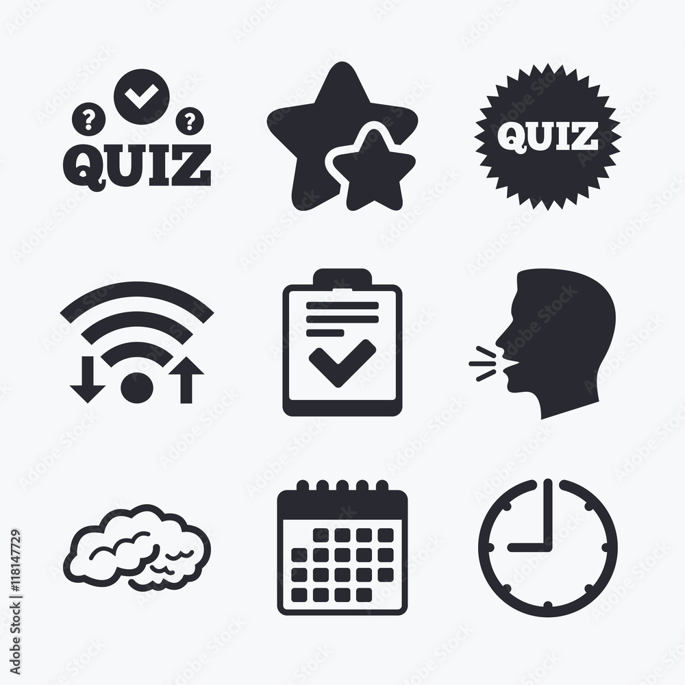 Quiz icons. Checklist and human brain symbols. Stock Vector | Adobe Stock