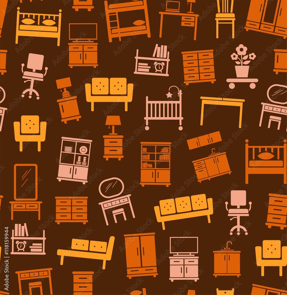 Furniture for house, background, seamless, brown. Vector flat ...