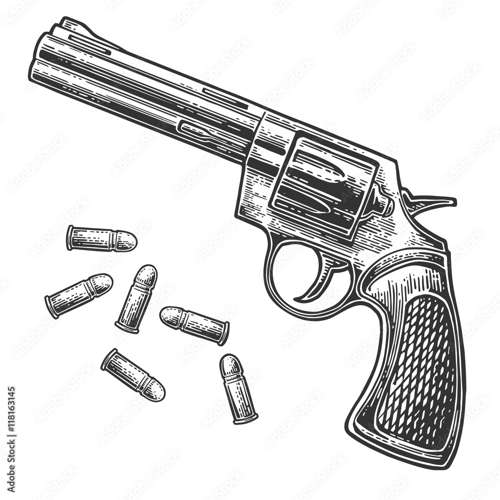 Revolver with bullets. Vector engraving vintage illustrations. Stock ...