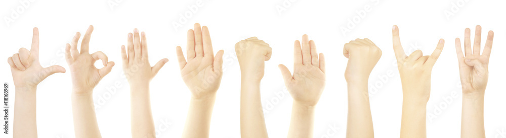 Children hands showing gestures on white background. Stock Photo ...