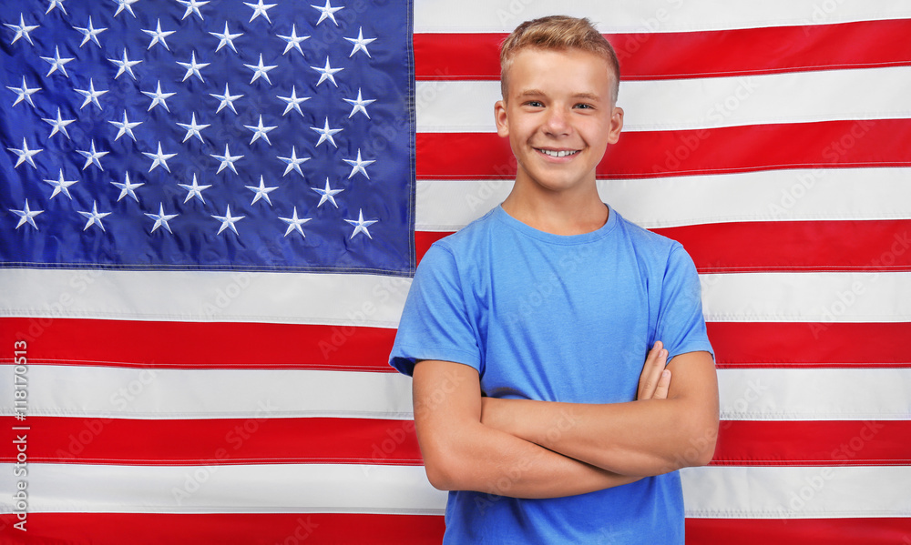 Cute boy on American flag background Stock Photo | Adobe Stock