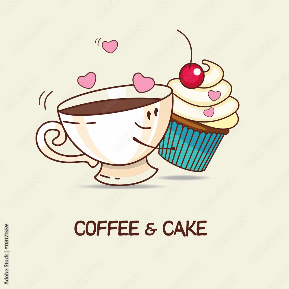 Coffee and cake, love forever. Coffee and cake hug. Comic, carto Stock ...
