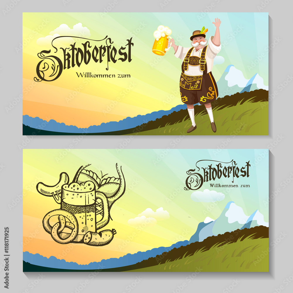 Poster Oktoberfest. A set of posters. A German in national dress with a ...