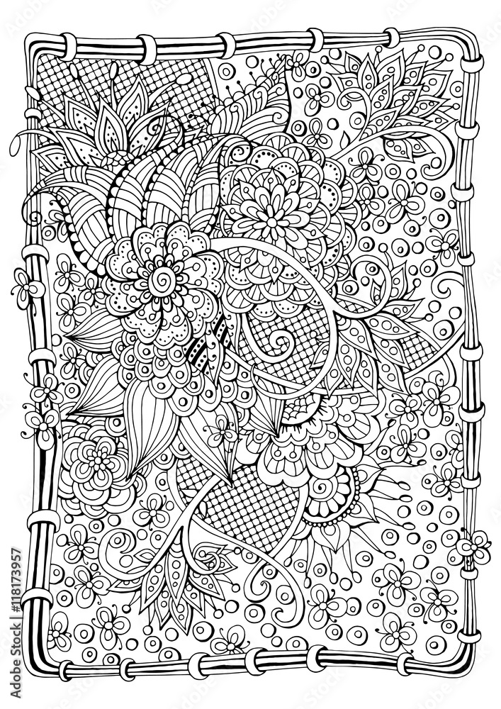 drawn backdrop. Coloring book page for adult and older children. Black ...