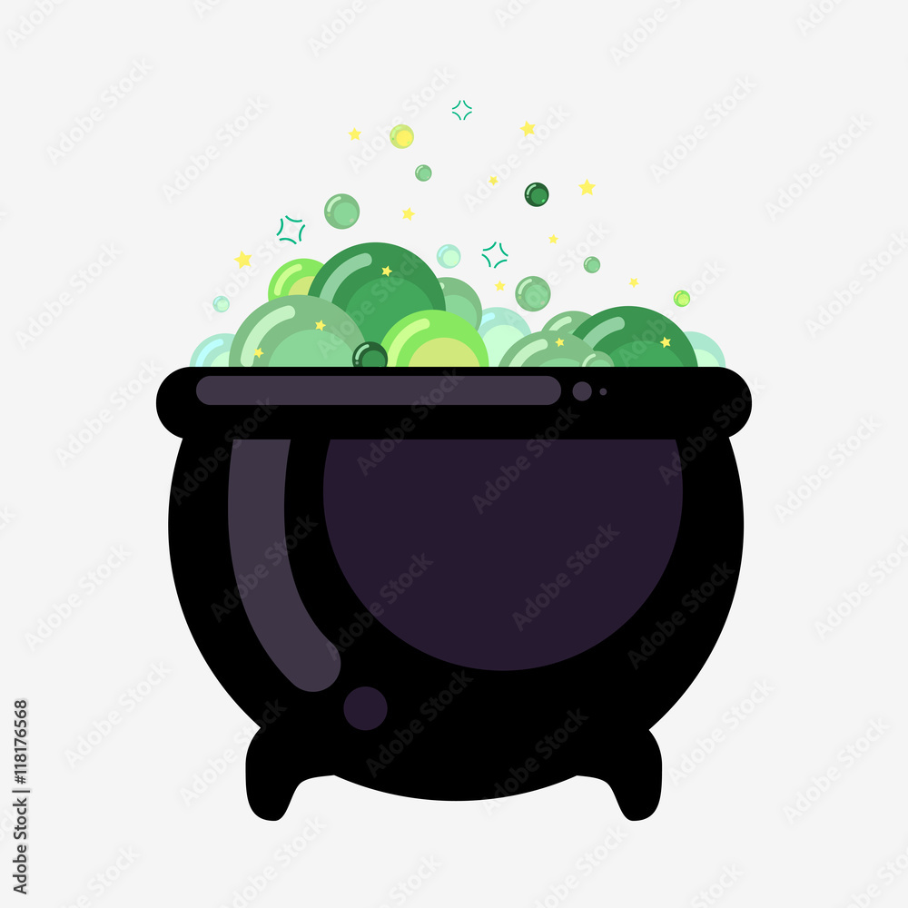 Witch bucket of boiling green liquid. Magic potion for Halloween. Stock ...