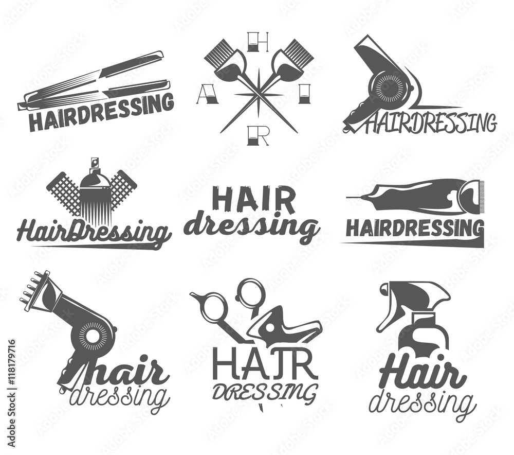 Vector set of hair salon labels in vintage style. Beauty and barber ...