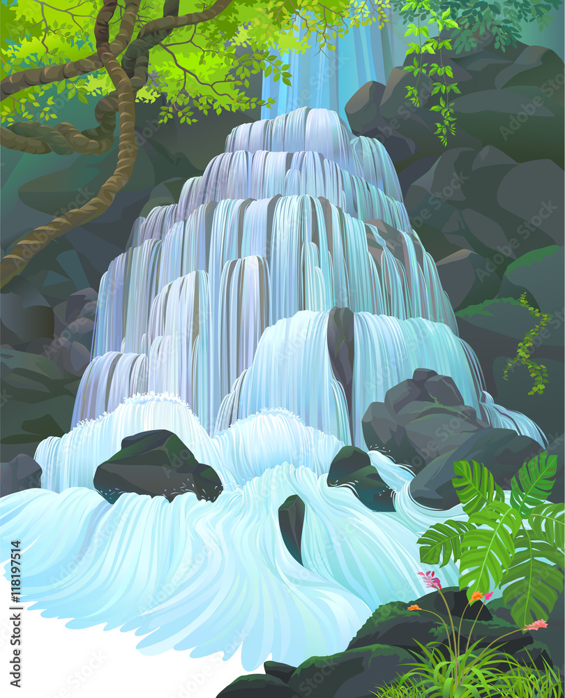 Streams of water flowing down from different rocky levels Stock Vector ...