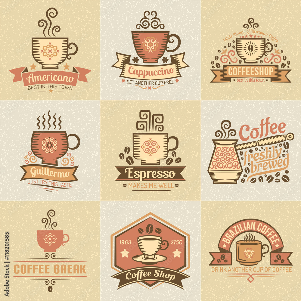 Colored logos for coffee bar. Vintage stylish coffee logo. Texture ...