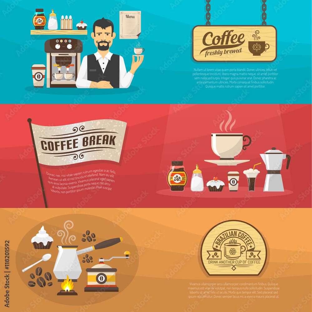 Coffee banners in a flat style design. Horizontal posters on theme of ...