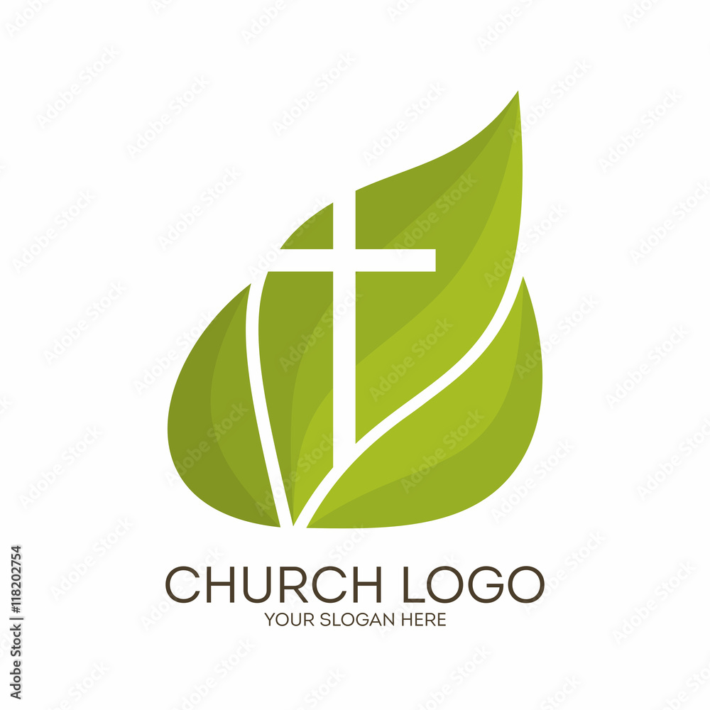 Church logo. Christian symbols. Cross on a background of green leaves ...