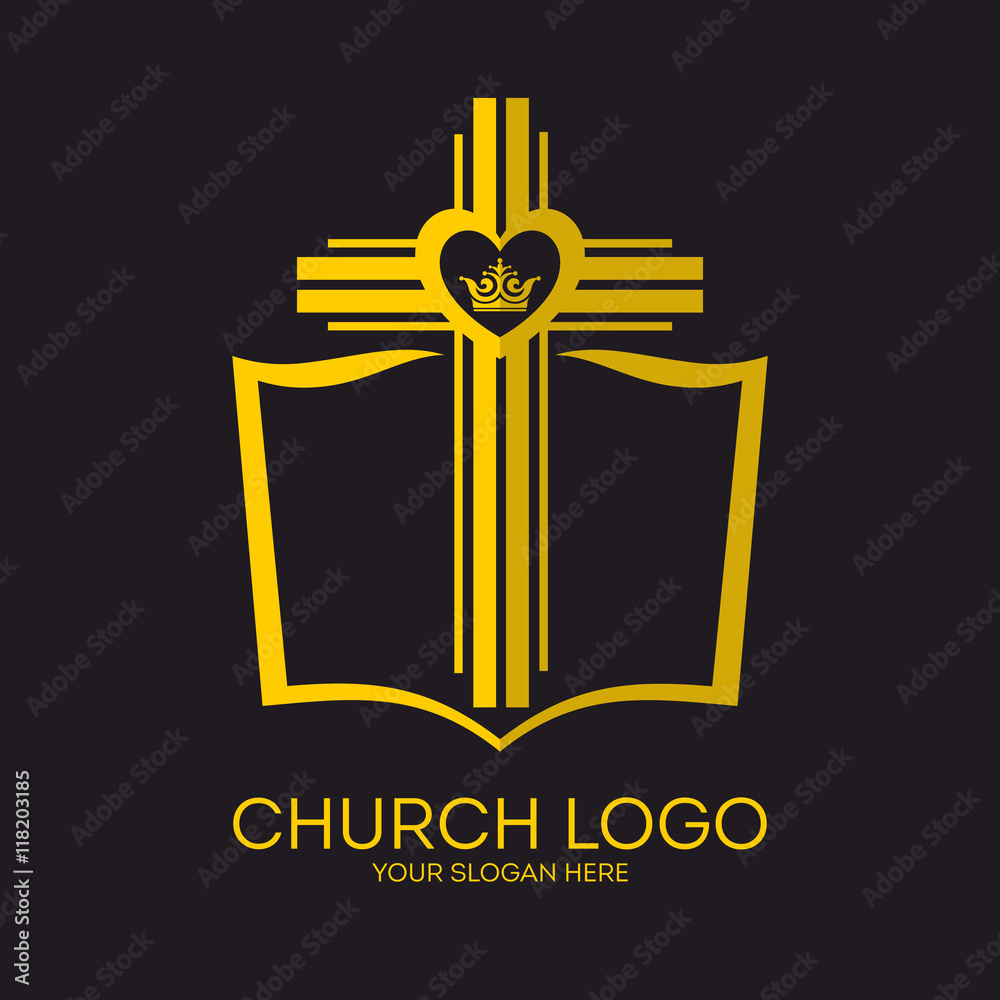 Church logo. Christian symbols. Bible, cross of Jesus and crown. Stock ...