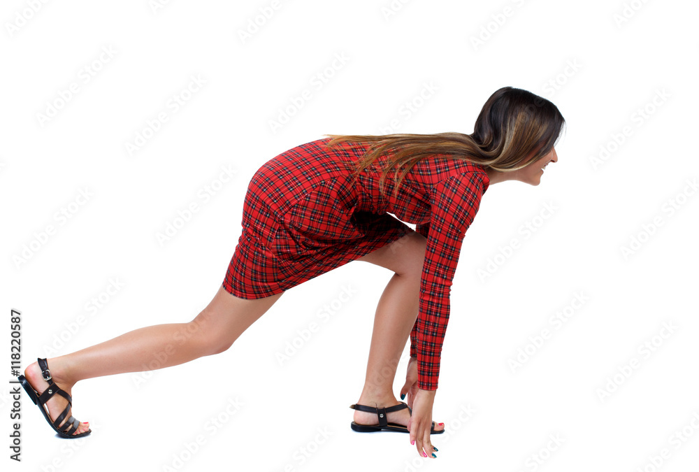 side view woman start position. Rear view people collection. backside ...