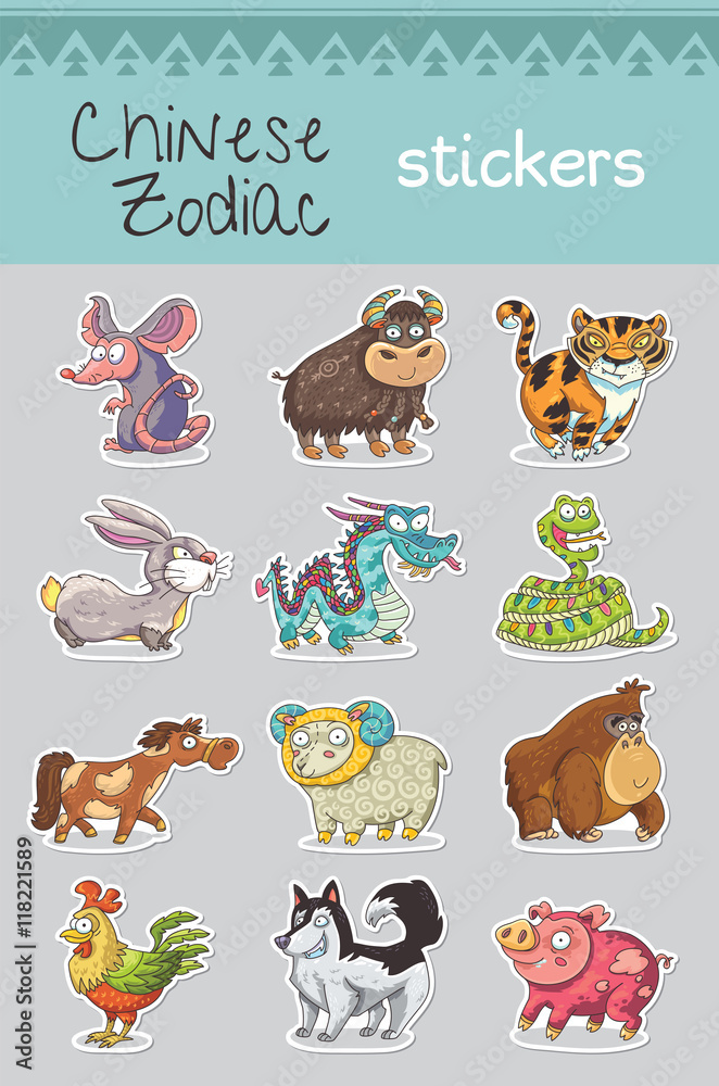 Cartoon chinese zodiac stickers Stock Vector | Adobe Stock