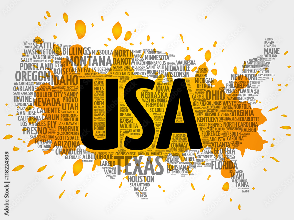 USA Map word cloud made with words cities names, collage background ...