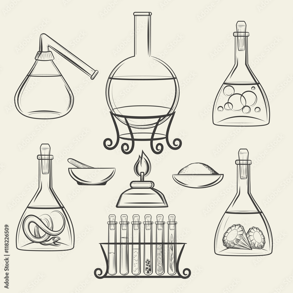 Alchemical vessels. Hand drawn chemistry and biology vintage science ...