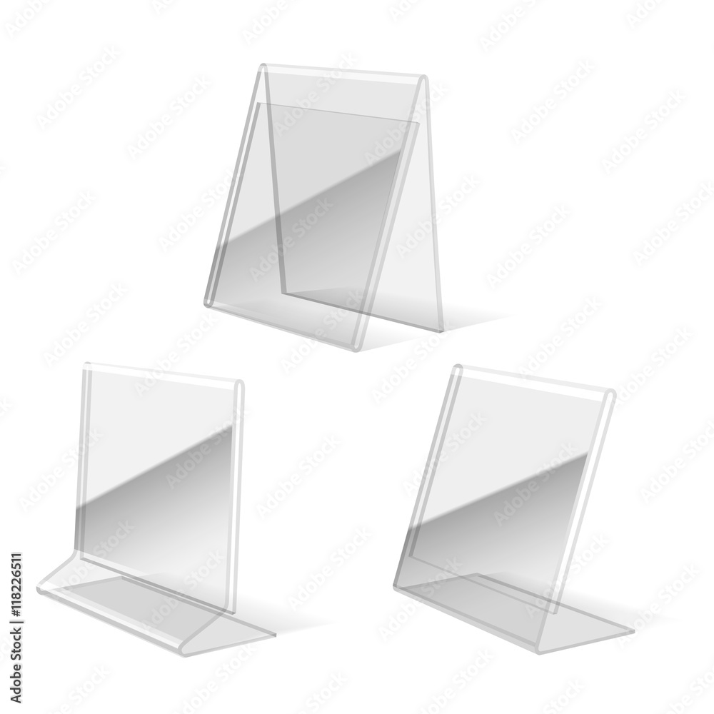 Clear plastic holder, paper business card stand vector illustration ...