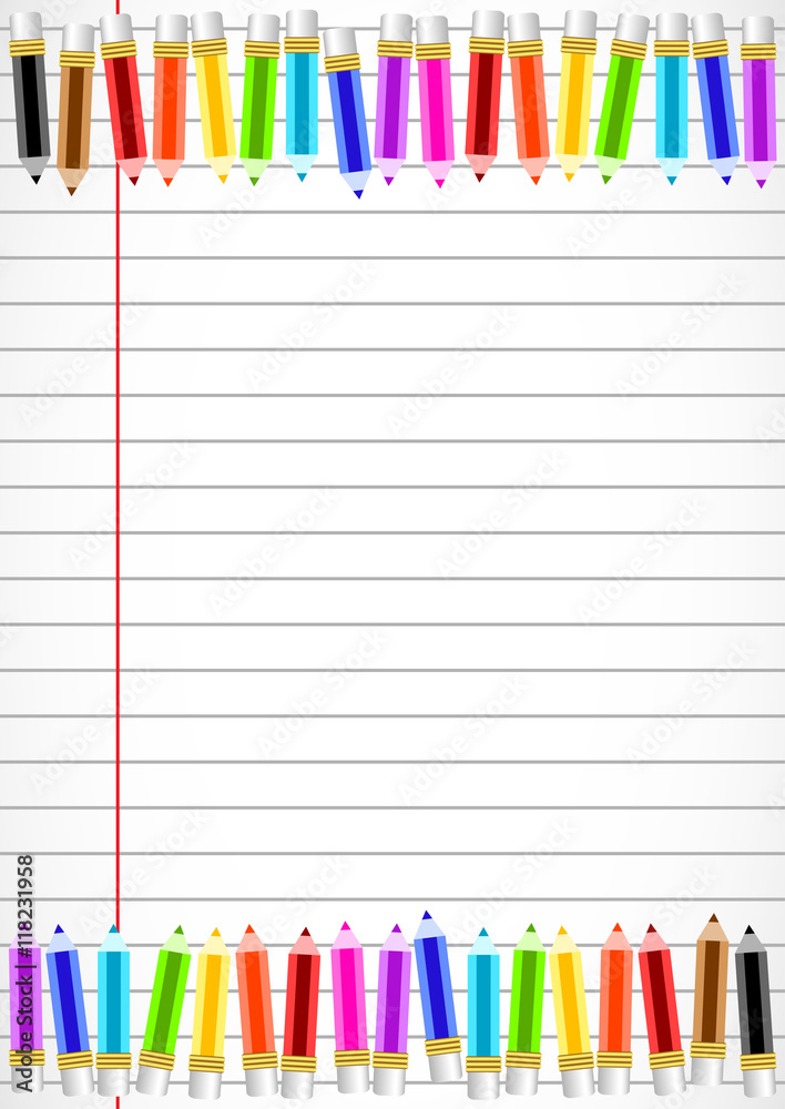 School notebook background with colorful pencils on top and bottom on ...