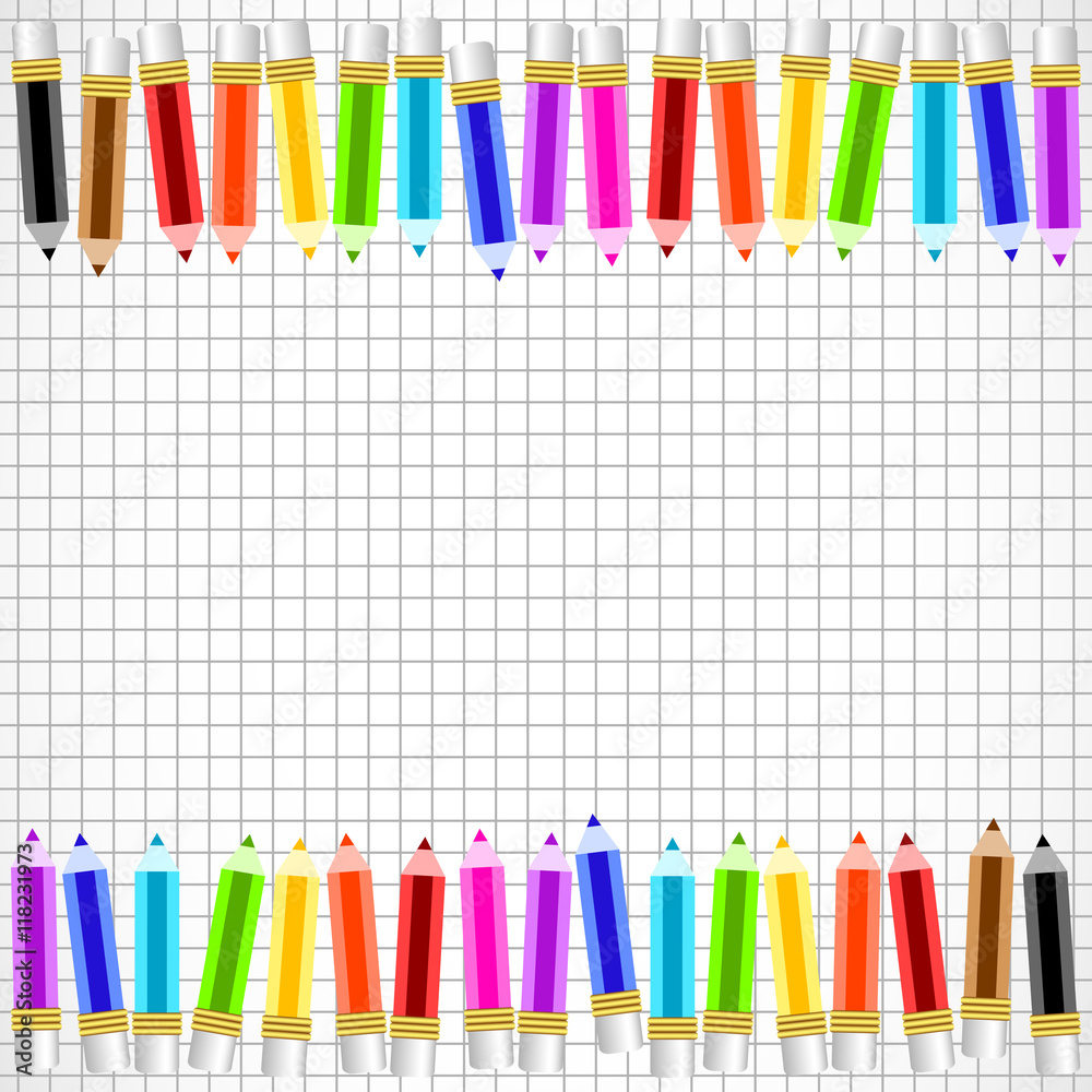 School notebook background with colorful pencils on top and bottom on ...