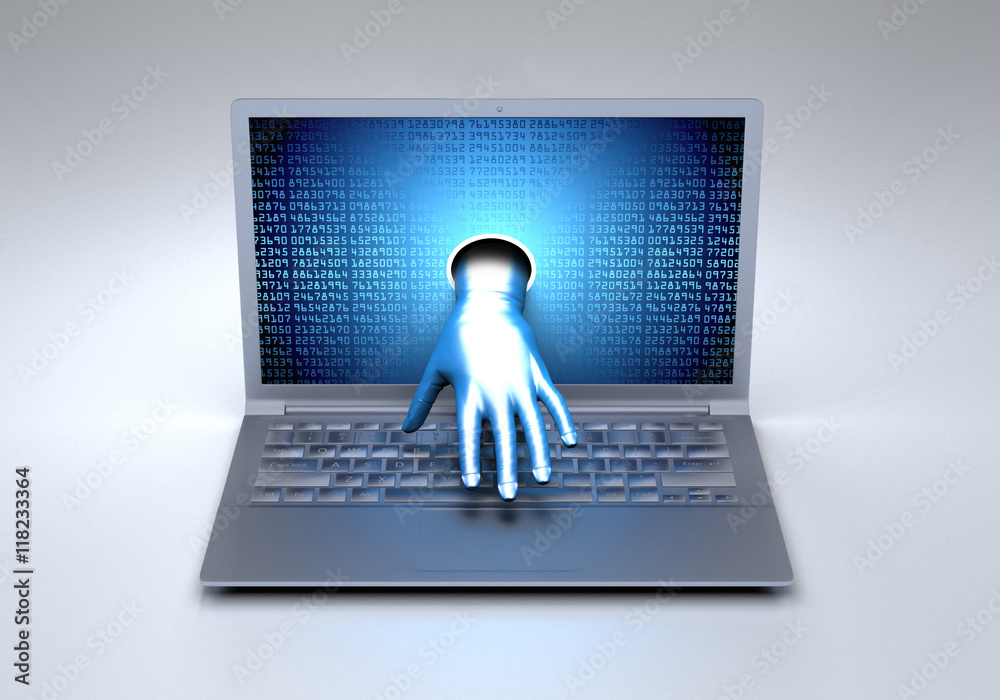 hand comes out of a computer Stock Photo | Adobe Stock