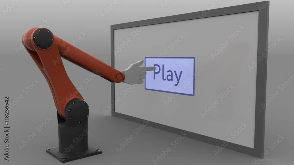 Stylized robot arm clicking Play button. Seamless loop, 4K clip, ProRes ...