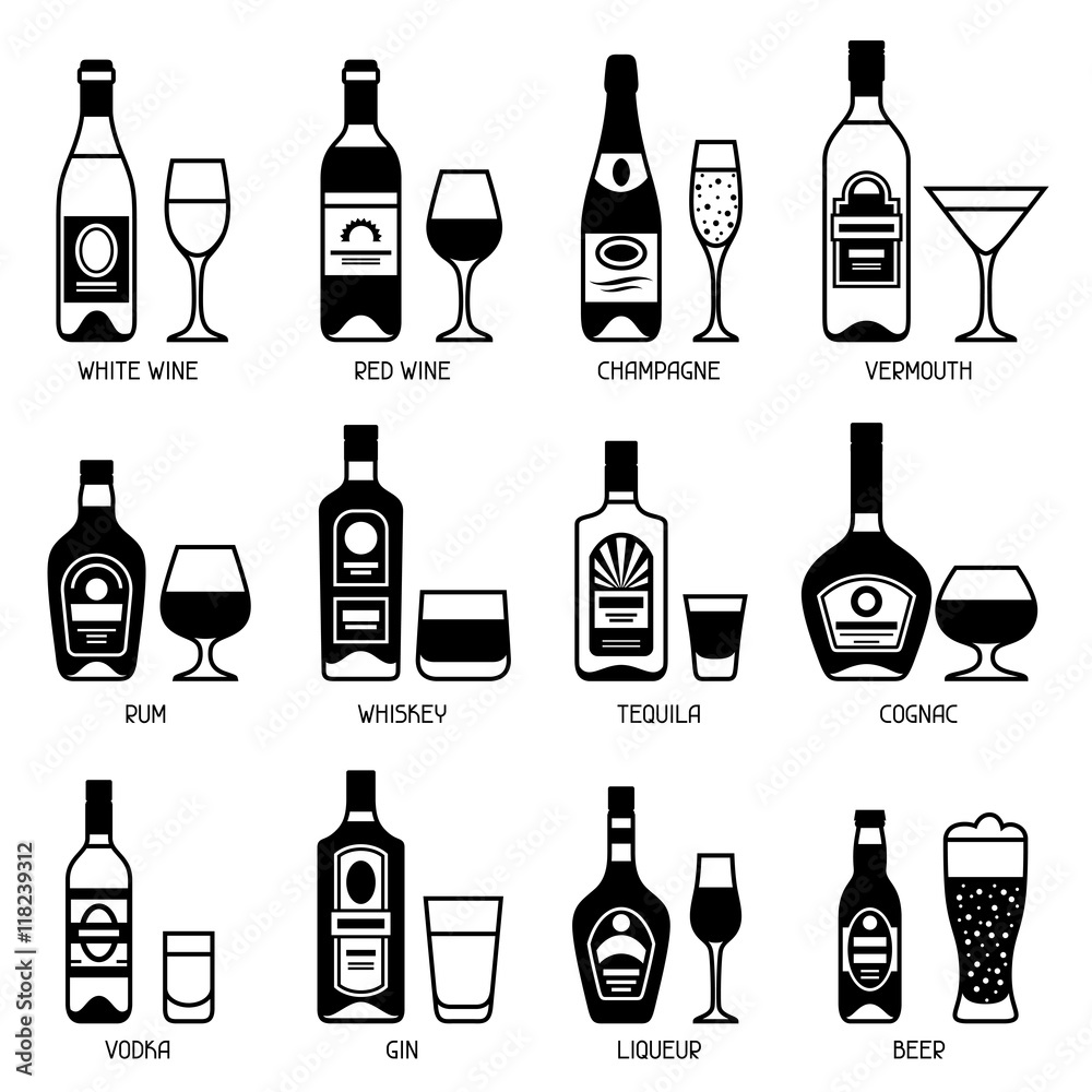 Alcohol drinks icon set. Bottles, glasses for restaurants and bars ...