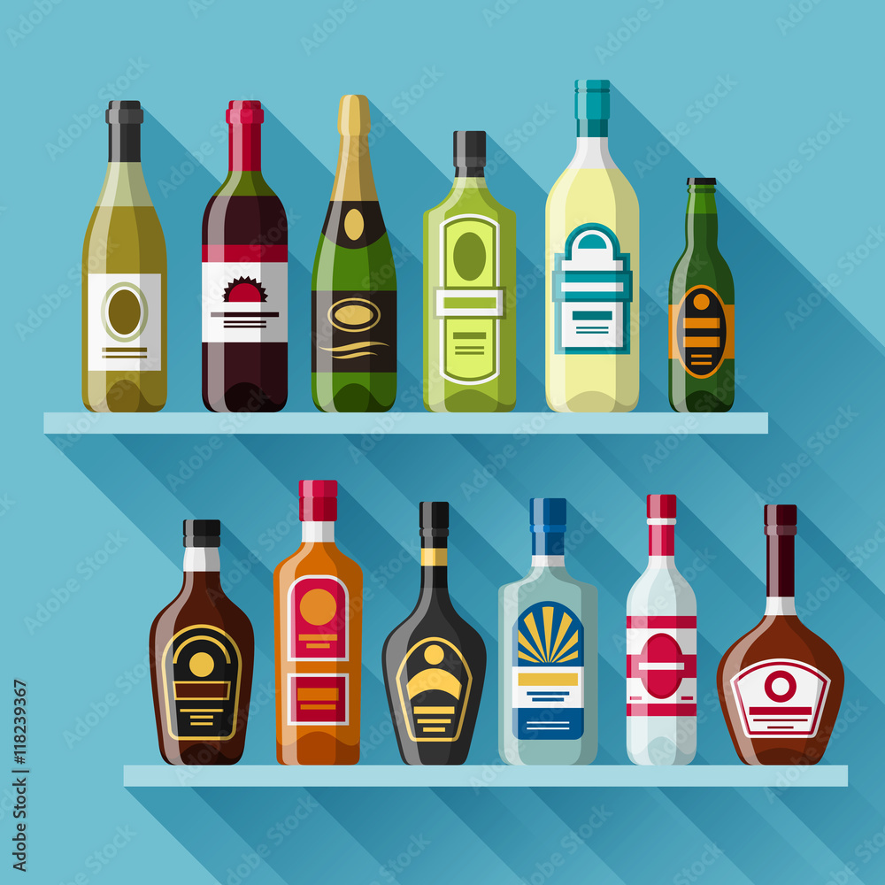 Alcohol drinks background design. Bottles for restaurants and bars ...