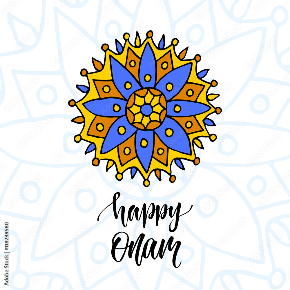 Happy Onam vector illustration. Holiday Modern calligraphy with mandala ...
