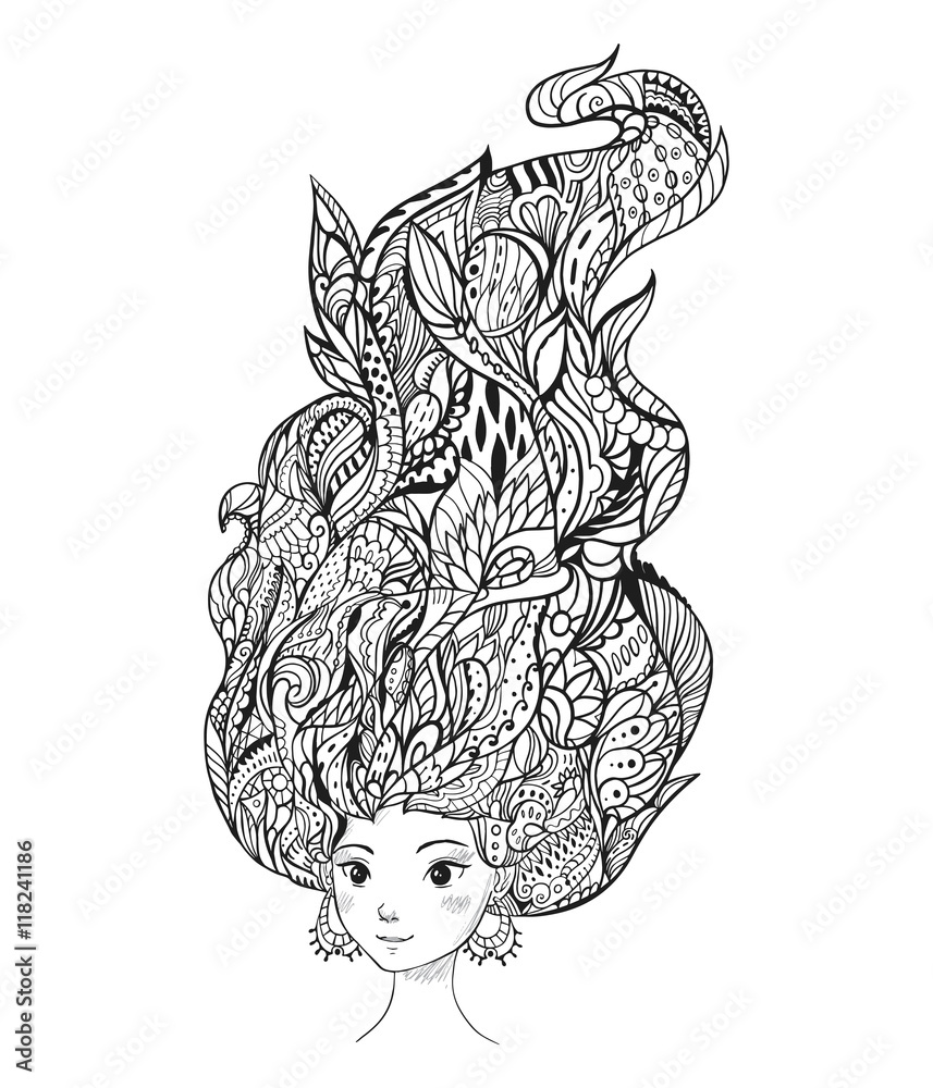 Zen art girl. Portrait of a girl with zentangle hair for the adult ...
