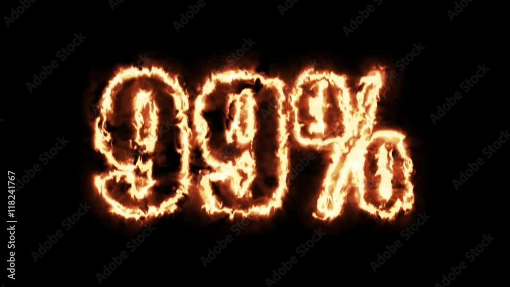 99 percent off burning text in hot fire on black background in 4k ultra ...