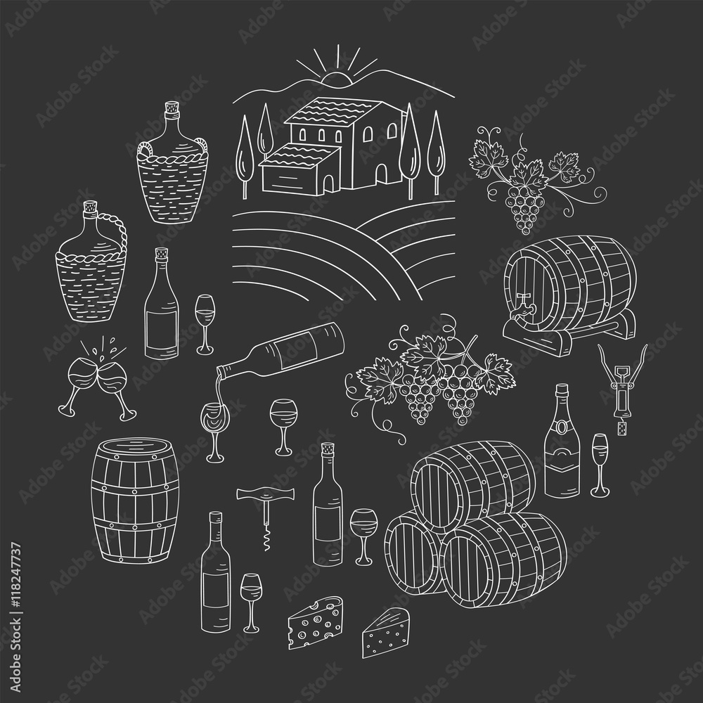 Wine and winemaking set vector illustrations hand drawn doodle ...