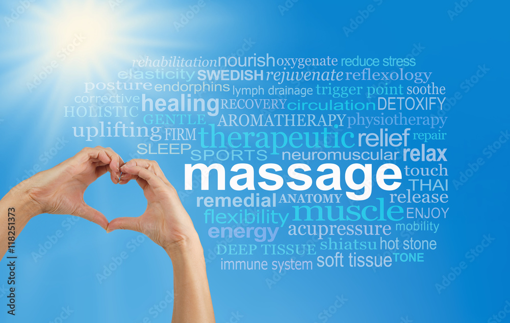 Love Massage word cloud - female hands making a heart shape with a ...