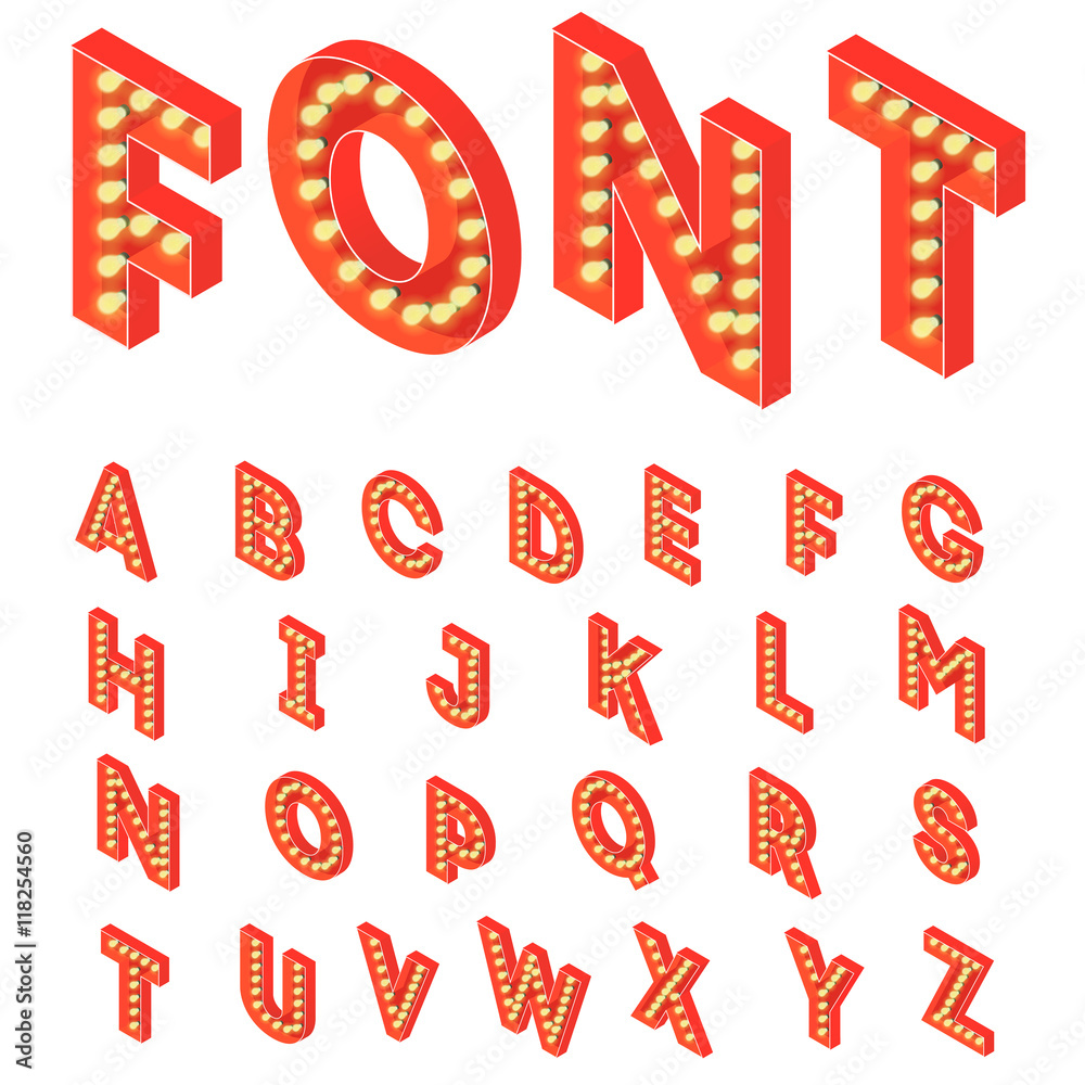 Font with glowing lights. 3d Isometric Stock Vector | Adobe Stock