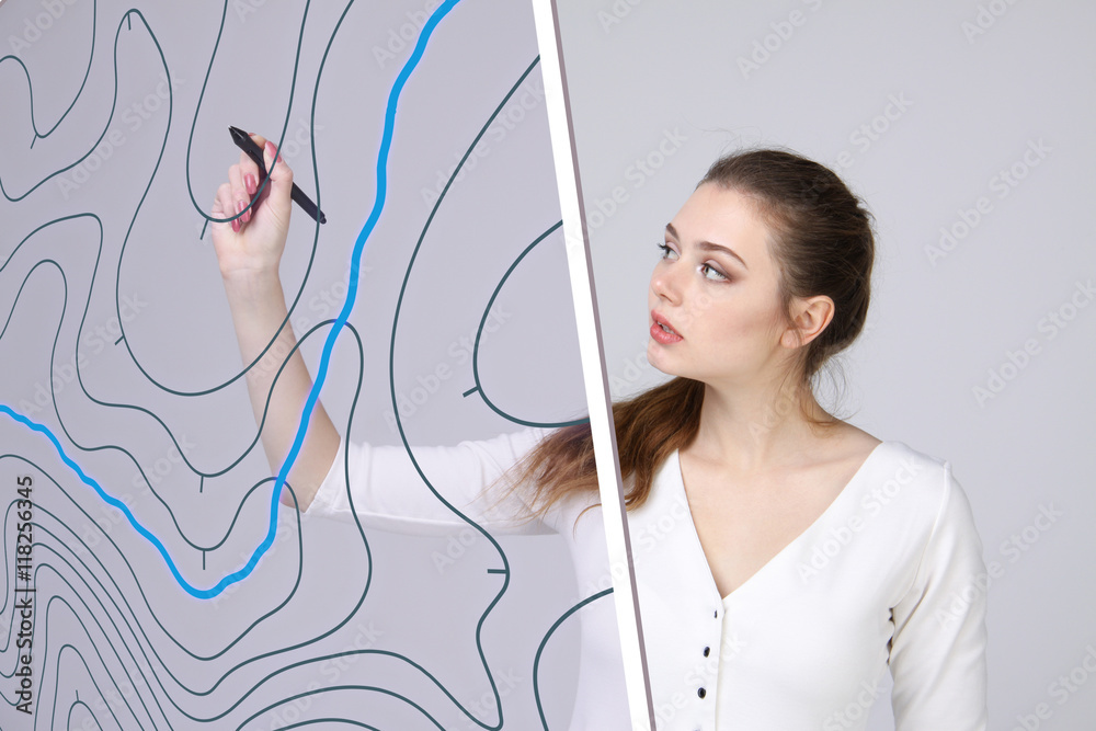 Geographic information systems concept, woman scientist working with ...