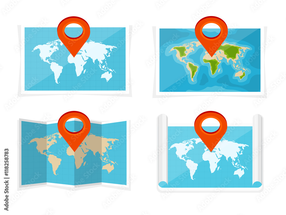 World map in a flat style. Earth, globe. Navigation. Route and ...