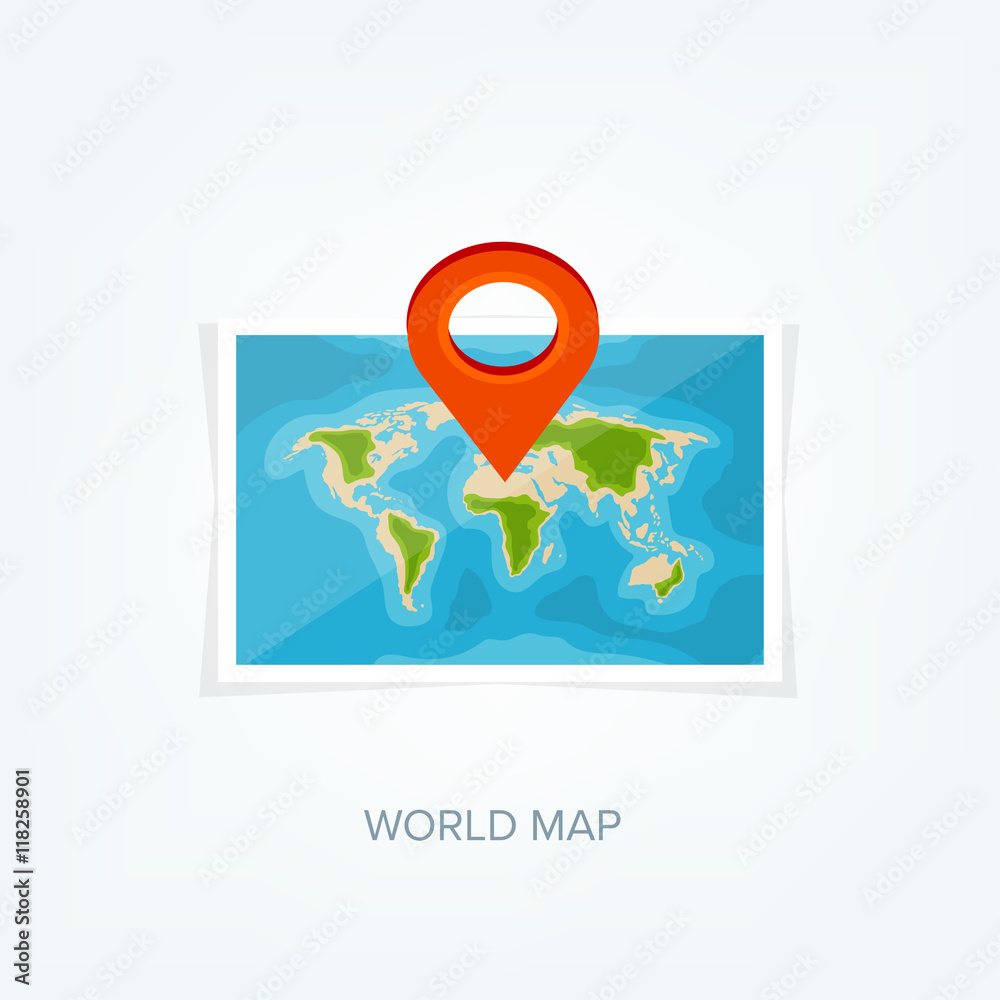 World map in a flat style. Earth, globe. Navigation. Route and ...