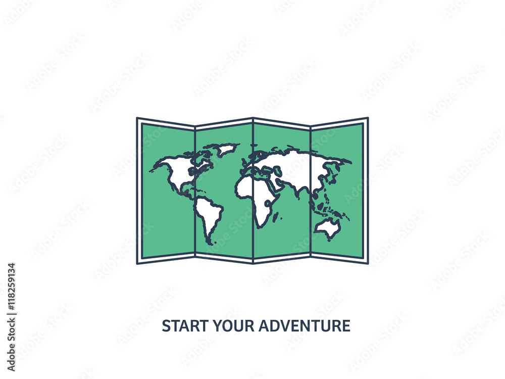 World map in a flat style. Earth, globe. Navigation. Route and ...