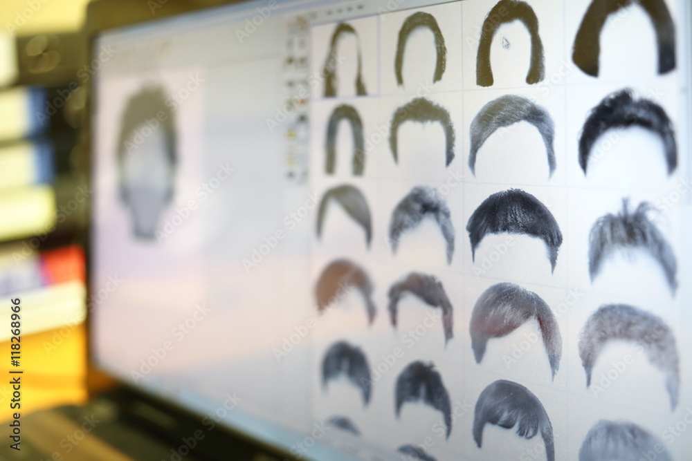 Examples of different hair for identikit on display. Stock Photo ...