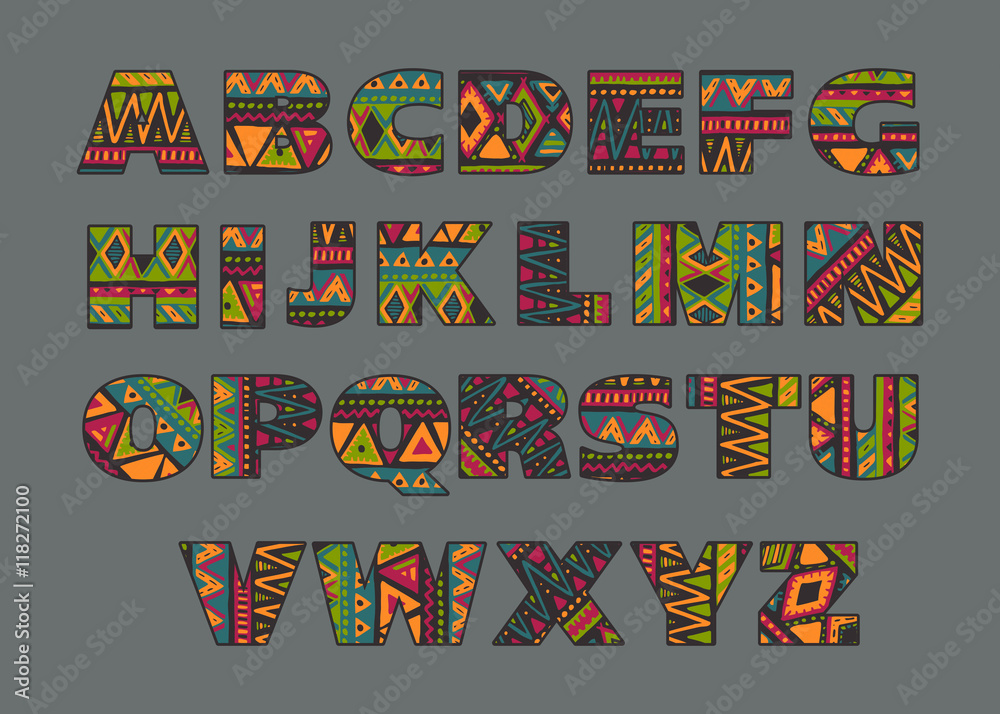 Vector set of ornate capital letters with abstract ethnic patterns ...